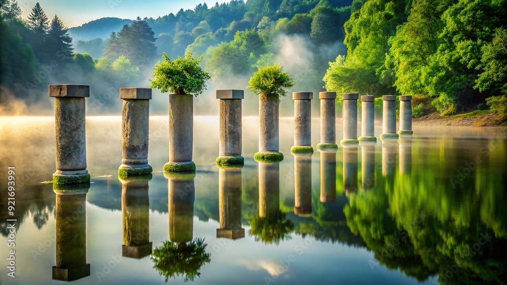 Six sleek stone columns rise from a serene lake's misty shore ...