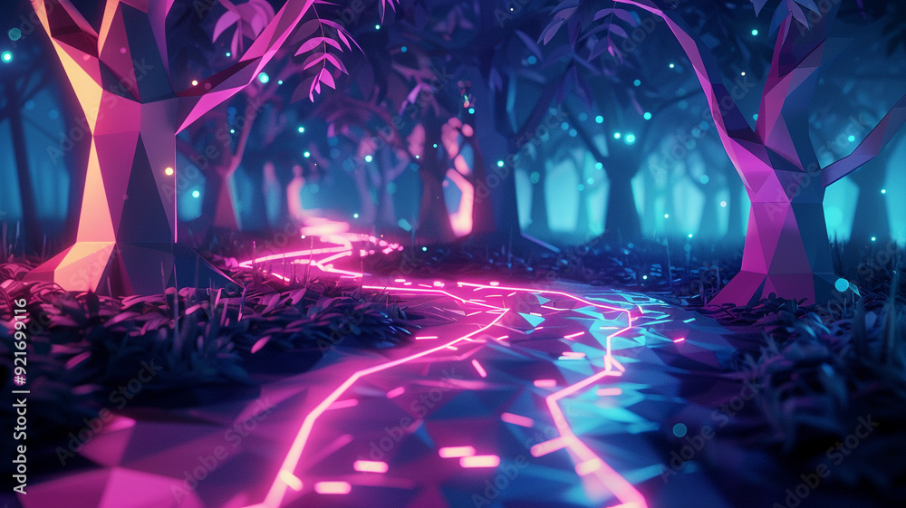 Glowing low poly pathways leading through a neon forest, illustrating ...