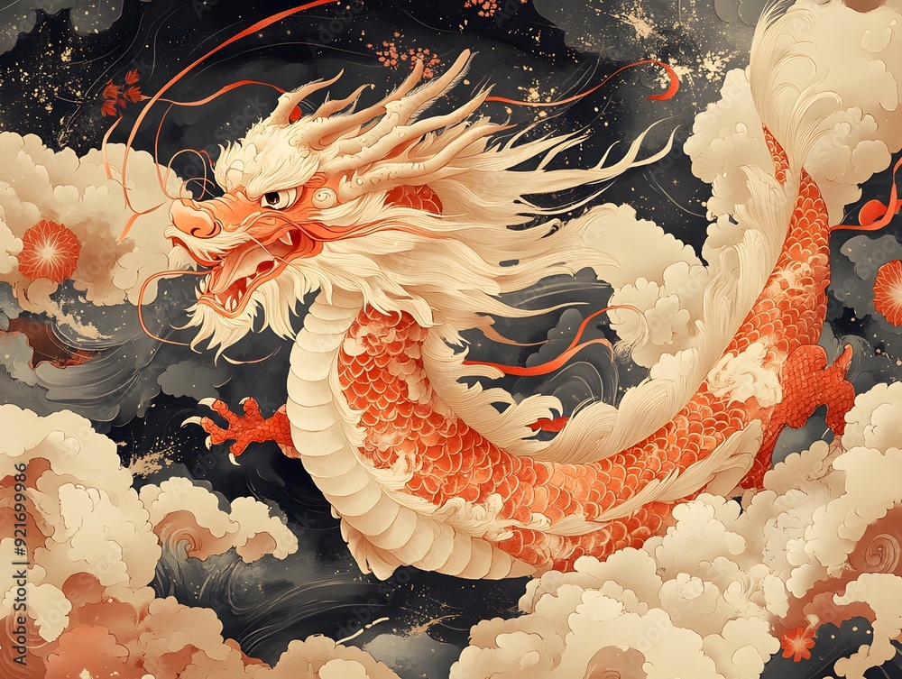 Auspicious Dragon with Classic Motifs: A dragon illustrated with ...