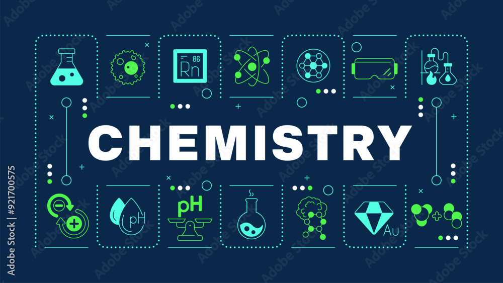 Chemistry dark blue word concept. School subject. Laboratory equipment ...