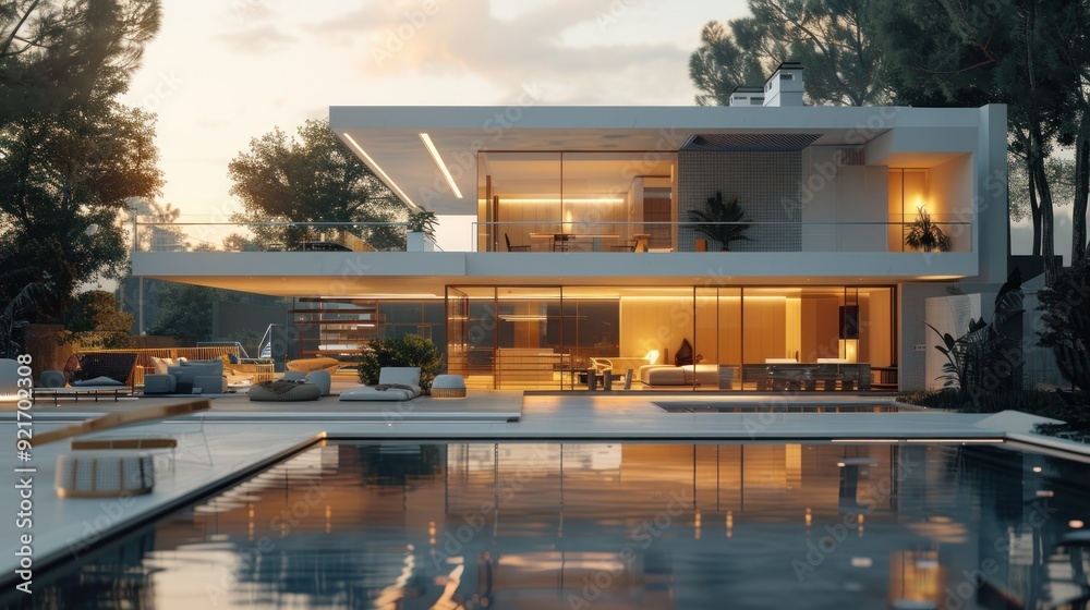 A modern house with wireframe overlay showing the architectural design ...