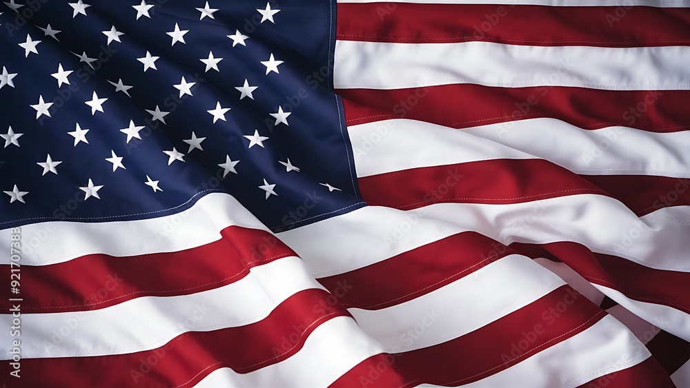 A close-up of the United States flag with its iconic stars and stripes ...