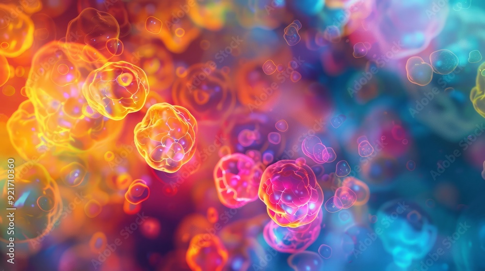 Microscopic view of a healthy human cell in bright colors ...