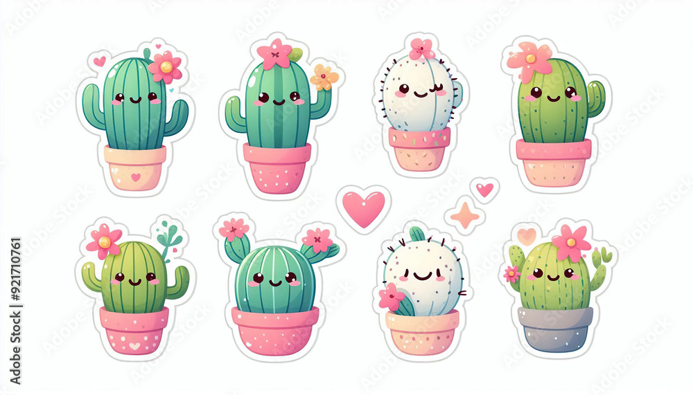 Cute cartoon cactus stickers with happy faces and flowers. Stock Photo ...