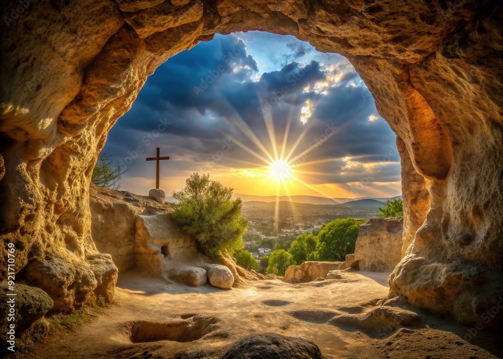 Rays of sunlight illuminate an empty cave on Calvary hill, overlooking ...