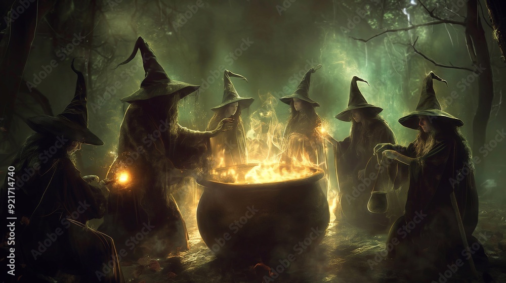 Coven of witches is gathering around a cauldron in a dark forest, casting a spell with green ...