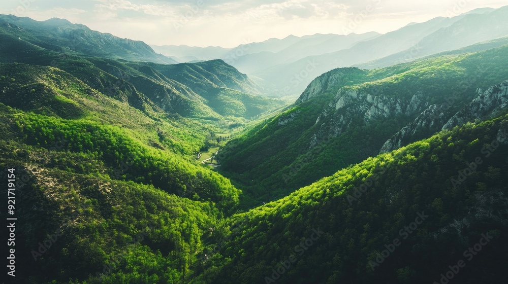 Bird's-eye view of a mountain valley in spring, with open sky for text ...