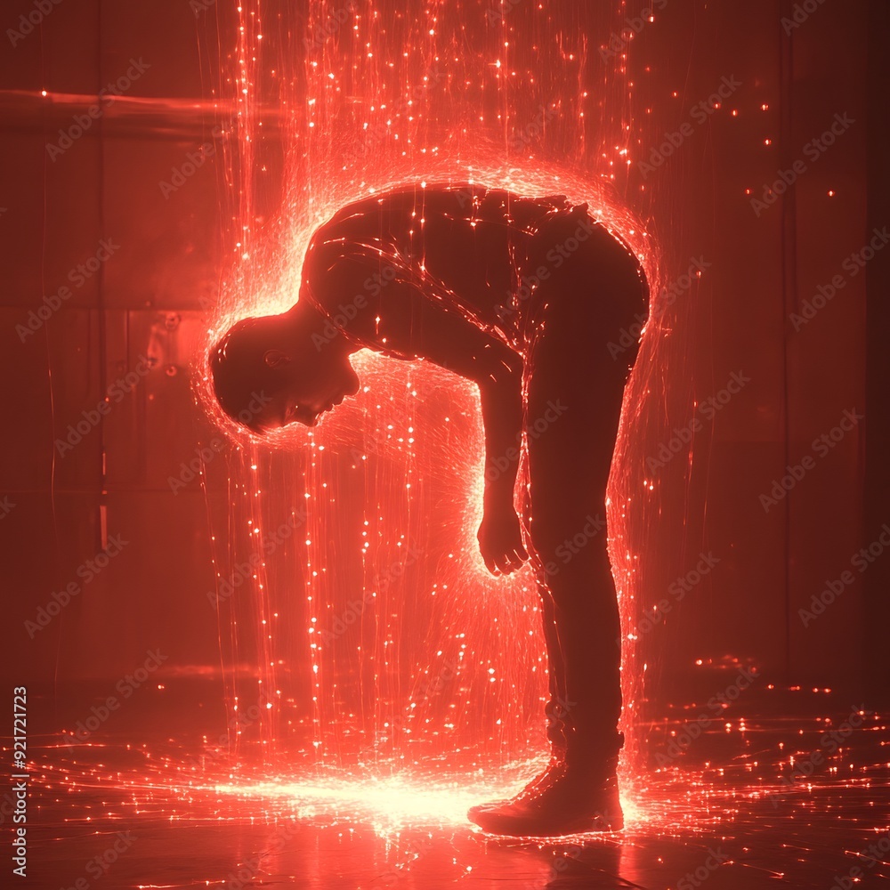 Sharp Pain Flash: A person suddenly bending over with a vivid flash of ...