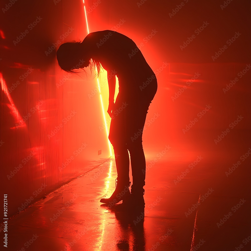 Sharp Pain Flash: A person suddenly bending over with a vivid flash of ...