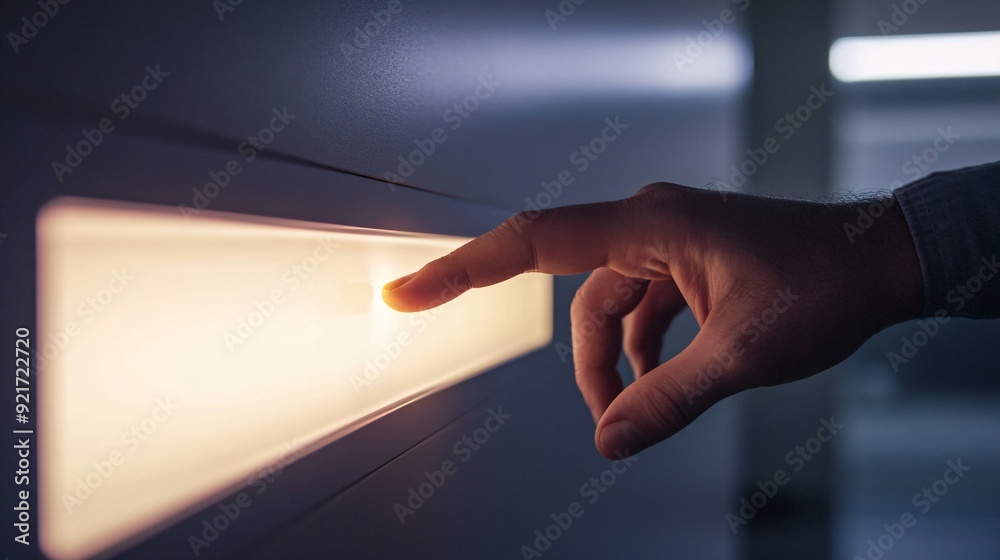 A modern electronic light dimmer being adjusted by a hand with a clear ...