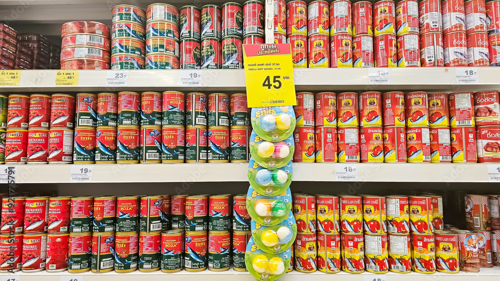 A variety of Thai canned fishes with tomato sauce. Thai brands canned ...