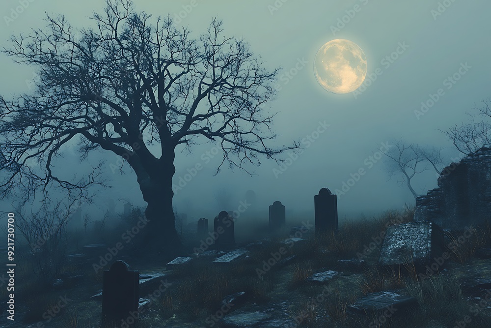6. An eerie landscape featuring a graveyard with crooked tombstones, a ...