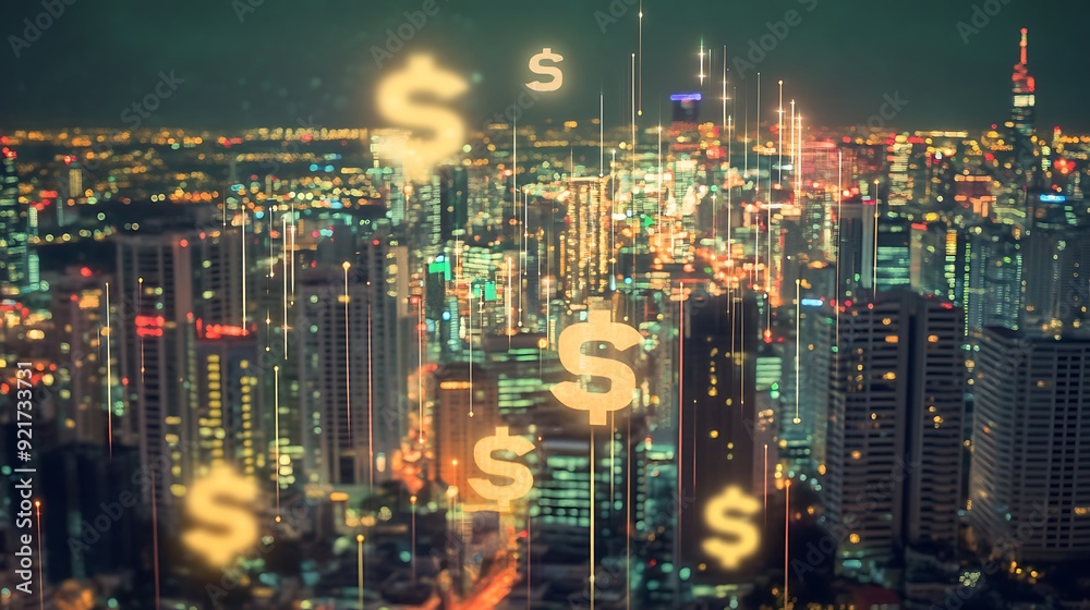 Illuminated Cityscape with Dollar Signs: A Symbol of Wealth and ...