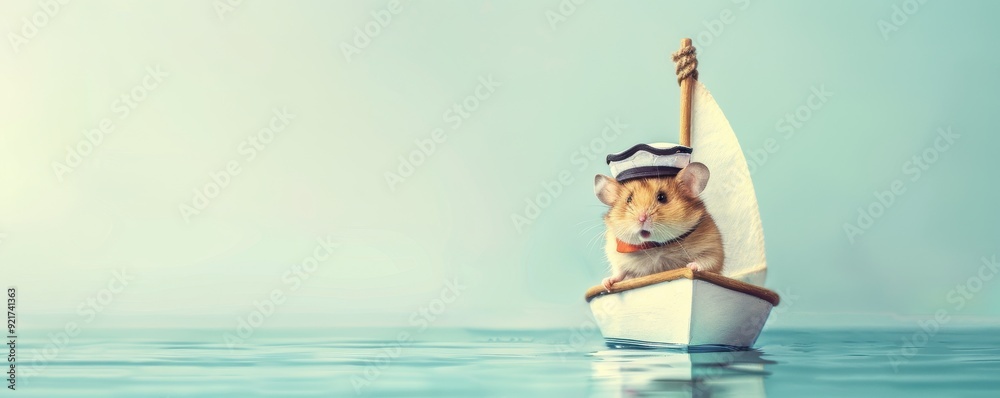 Cute hamster dressed in a sailor outfit, navigating a tiny boat on calm ...