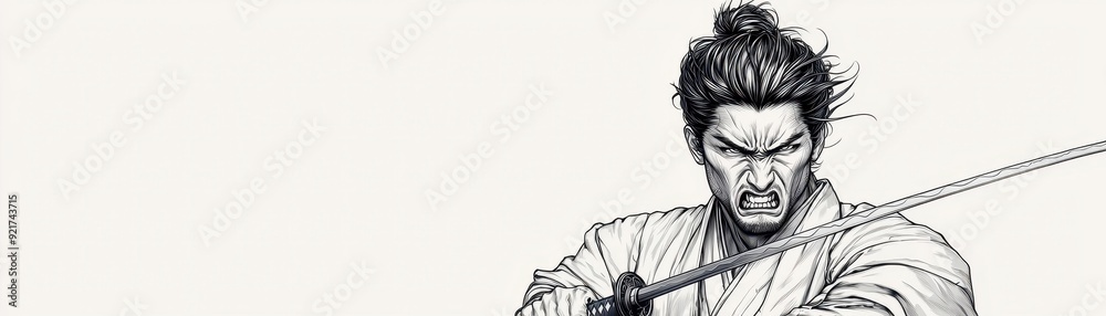 Samurai character with furrowed brows, tight-lipped snarl, sword ...