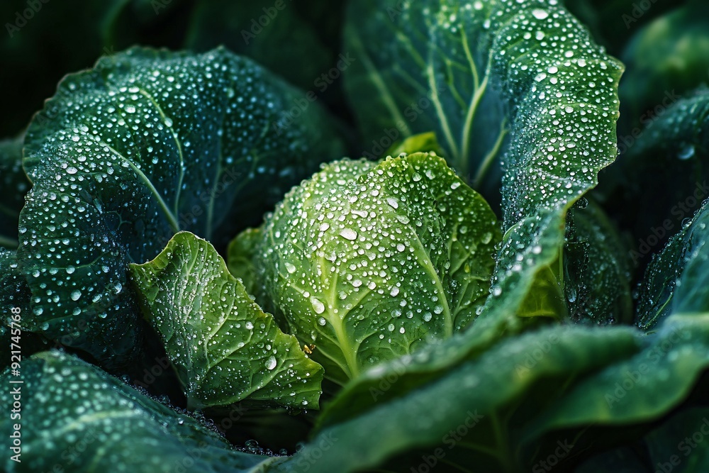 Garden fresh dewy cabbage leaves shown in a close-up, with detailed ...