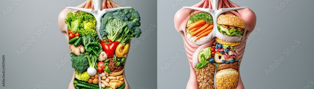 A visual comparison of healthy and unhealthy foods displayed within a ...