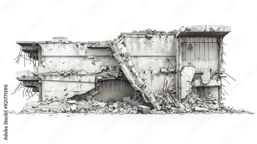 Architecture illustration of a partially collapsed building with ...