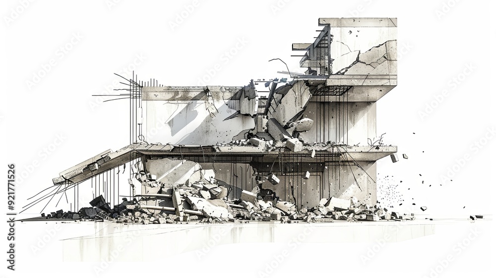 Architecture illustration of a partially collapsed building with ...