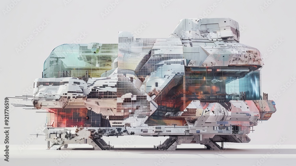 Rendering of a futuristic building in disrepair, with broken ...