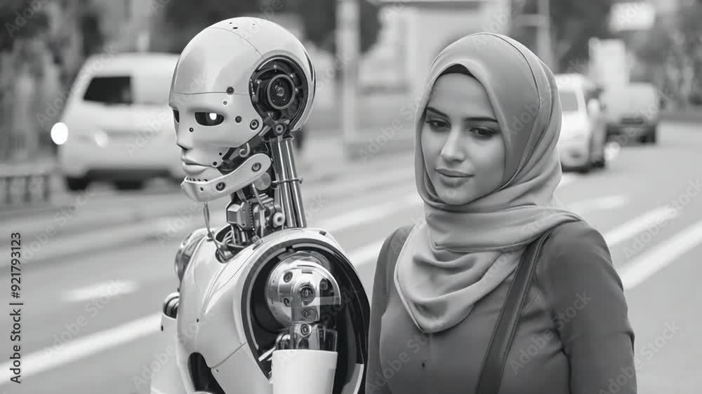 A woman in a hijab poses with a humanoid robot in an urban setting ...