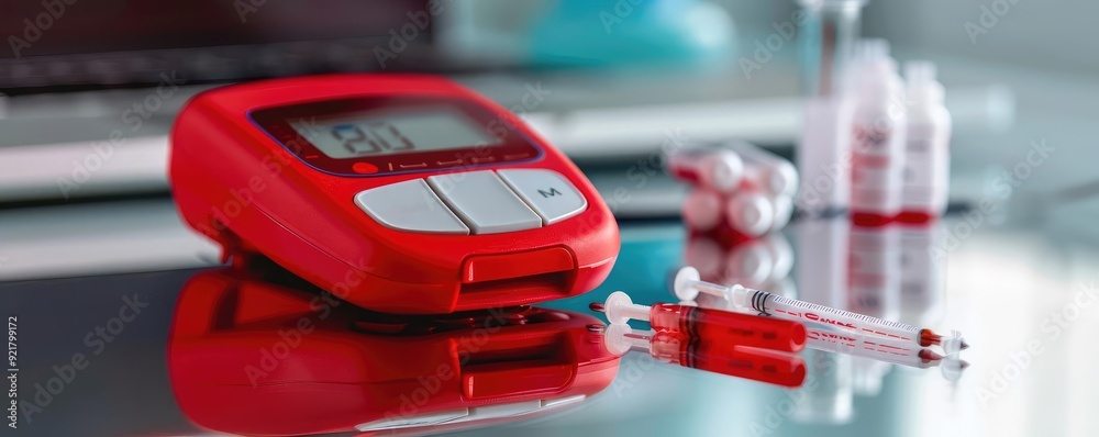 Red liquid glucose monitor with lancets and test strips on a reflective ...