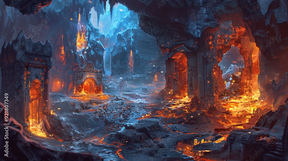 Epic fantasy dragon’s lair with treasure piles and fiery light from ...
