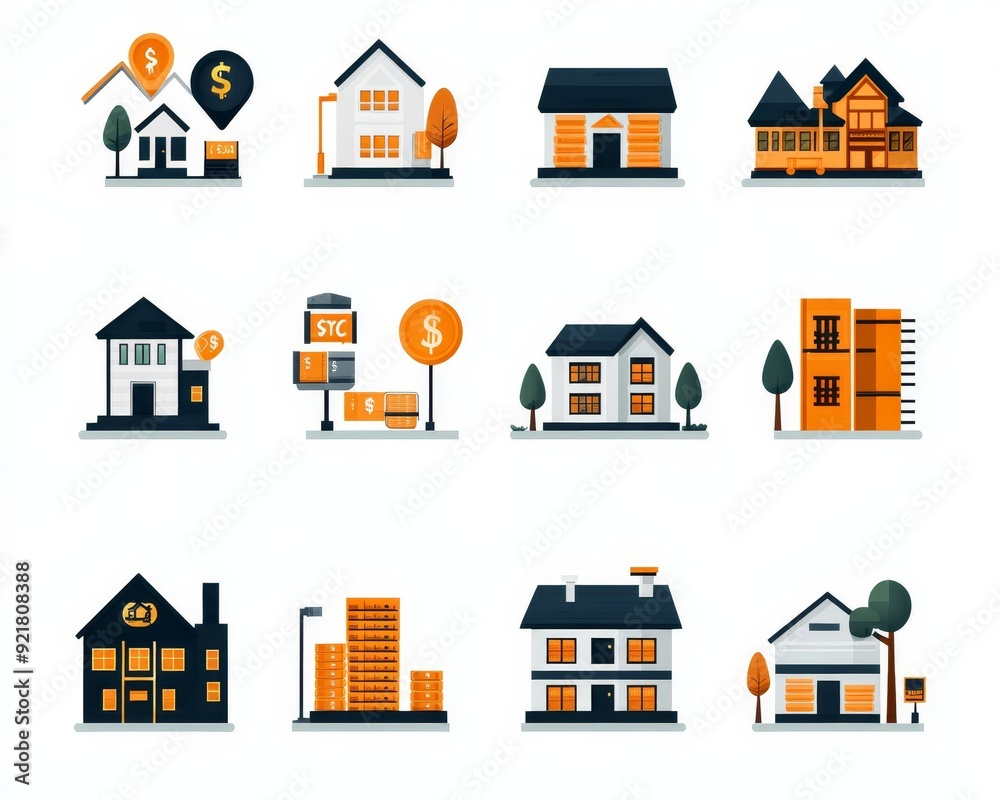 Illustration of various house designs and real estate icons, featuring ...