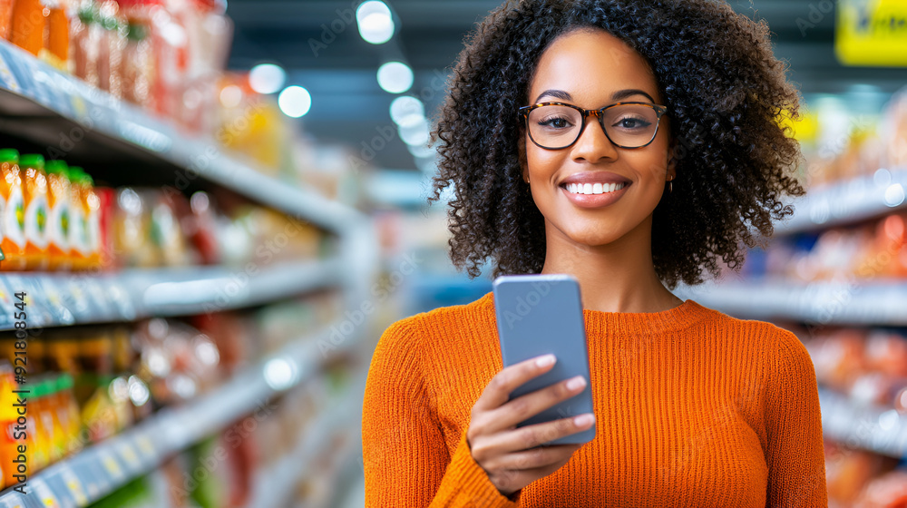 Happy smiling African woman with curly hair in glasses and orange ...
