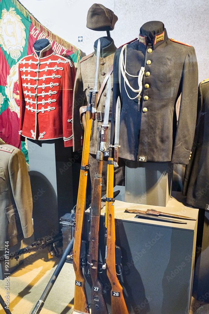 Sofia, Bulgaria, April 24, 2024; Rifles, carbine manlicher and mauser ...