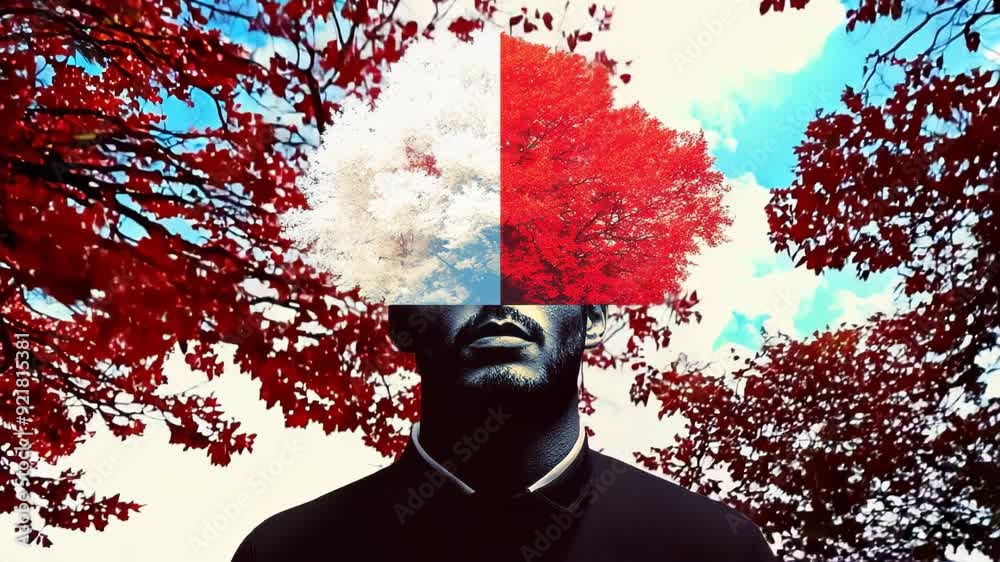 Subject stands amid transforming foliage. White leaves morph to vibrant ...