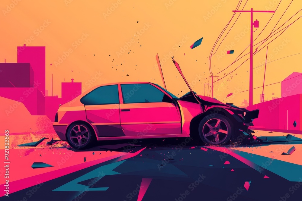Minimalist illustration of car crash simple shapes and bold colors in ...