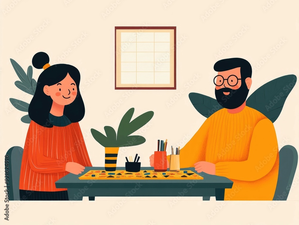 of a cozy family game night at home with parents and children gathered ...