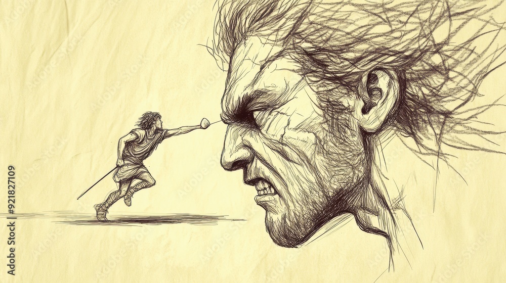 Biblical Illustration of 1 Samuel: David and Goliath, David Slings a ...