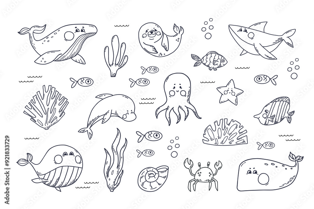 Ocean aquatic animals clipart hand doodle set. Funny Underwater mammals ...