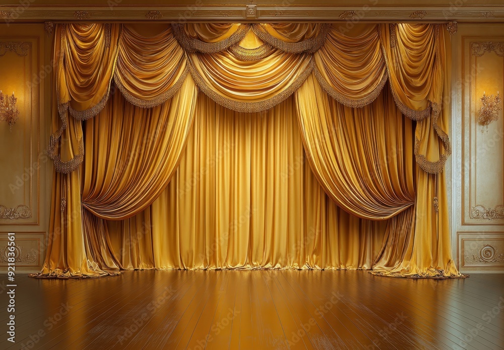 Gold curtain stage background, wood floor, curtain wall, stage backdrop ...