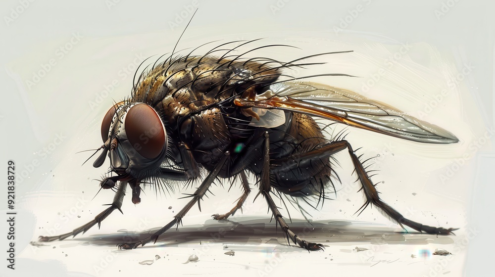 House Fly. Common Winged Pest Insect with Hairy Body in Dirty ...