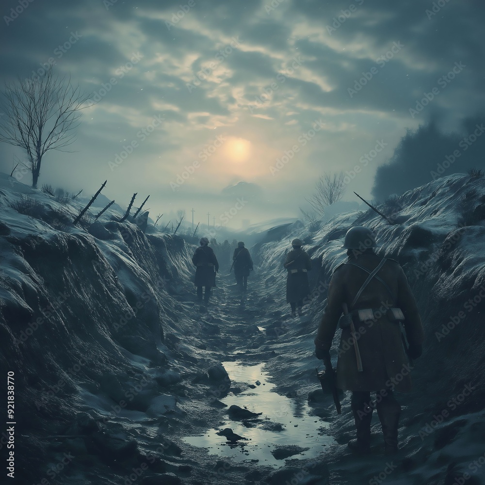 WWI soldiers in a winter trench, dark sky, foggy, dramatic lighting ...