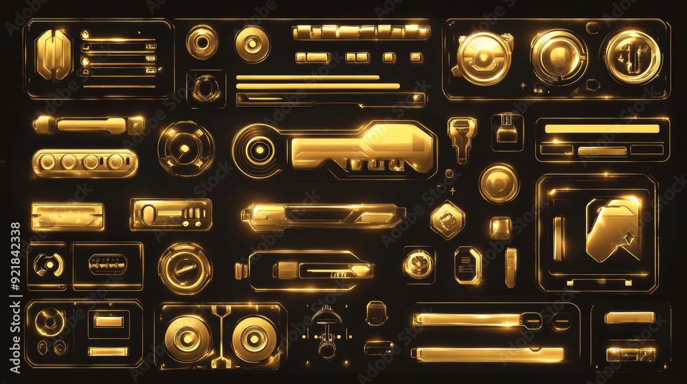 Golden game interface icons, including GUI buttons and panels with loading bars. Vector elements ...