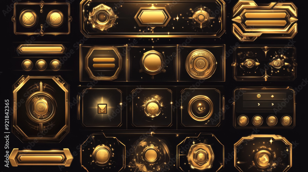 Golden game interface icons, including GUI buttons and panels with ...