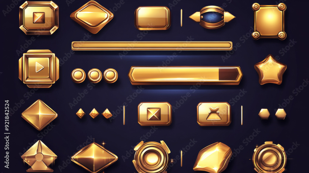 Golden game interface icons, including GUI buttons and panels with ...
