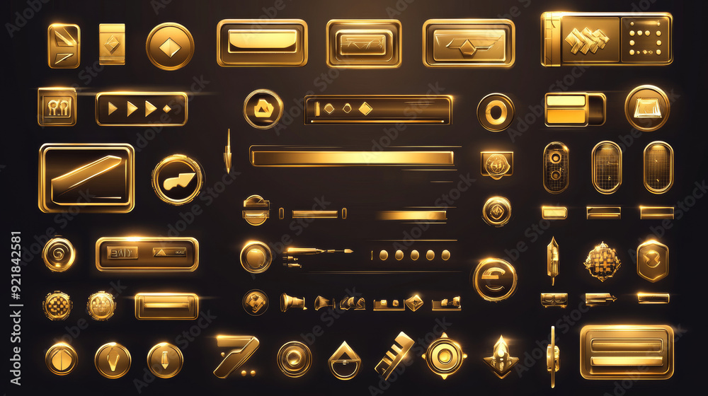 Golden game interface icons, including GUI buttons and panels with ...