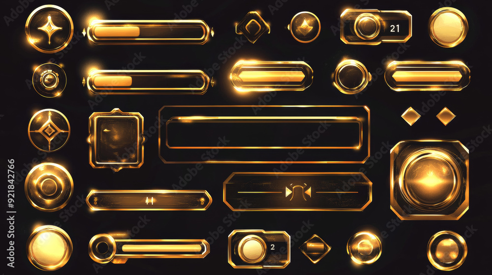 Golden game interface icons, including GUI buttons and panels with ...