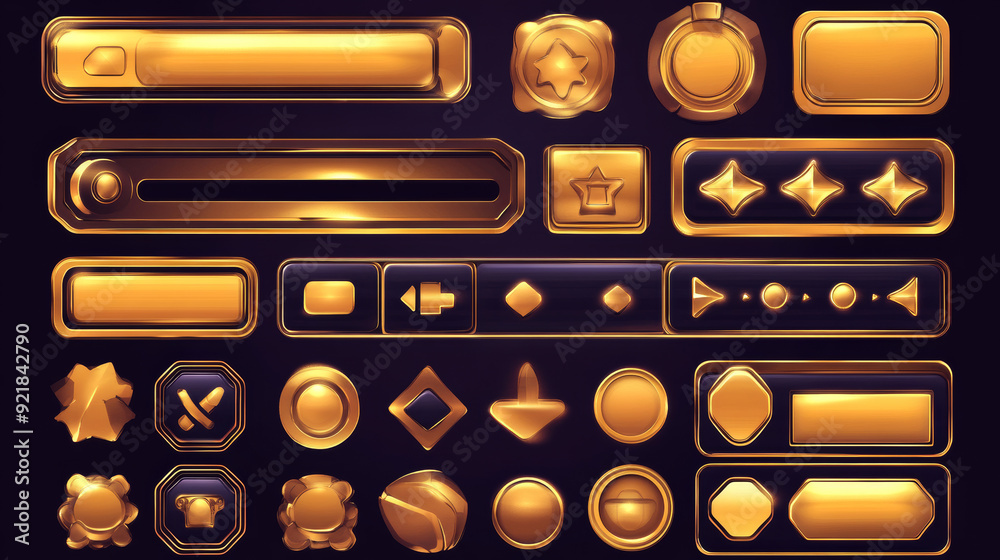 Golden game interface icons, including GUI buttons and panels with ...