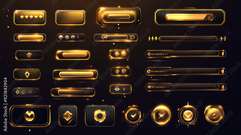 Golden game interface icons, including GUI buttons and panels with ...