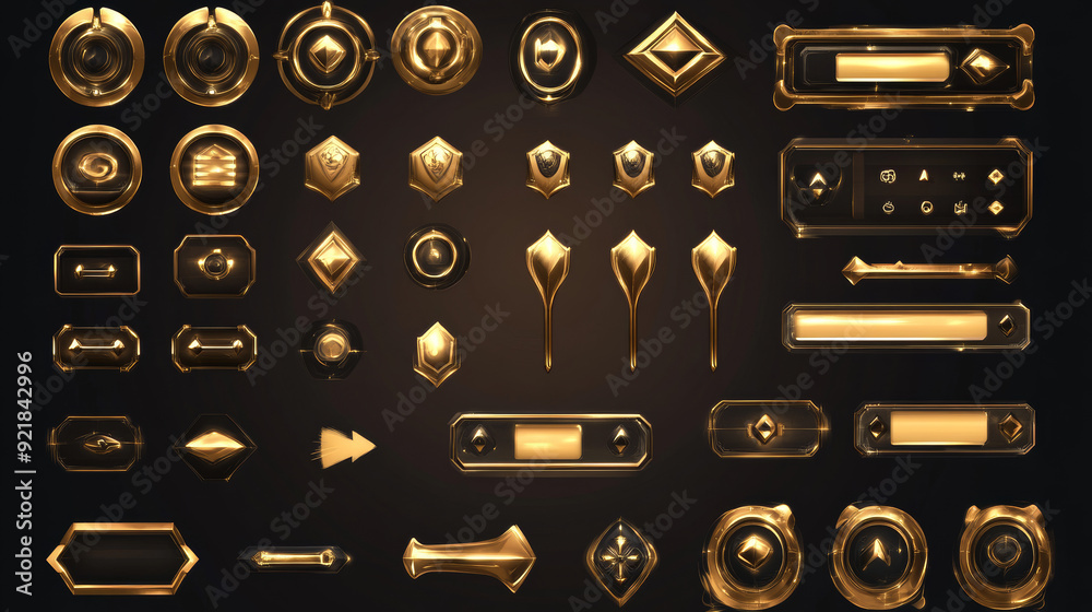 Golden game interface icons, including GUI buttons and panels with ...