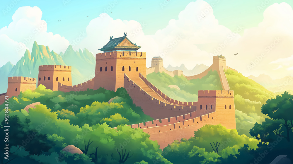 Famous Chinese Landmark in Cartoon Style - Great Wall of China Vector ...