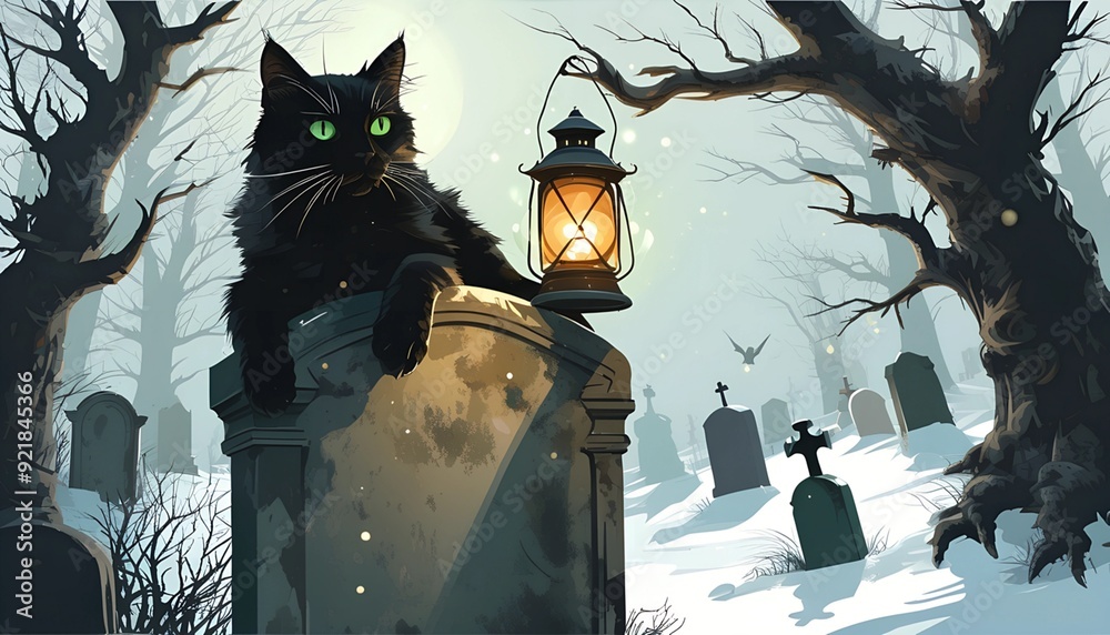 A halloween black cat with bright green eyes sits on a tombstone in an ...