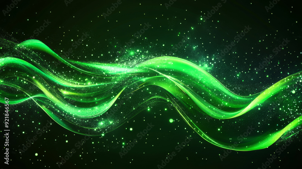 Green speed lines in a wavy shape on a dark background. High-speed ...