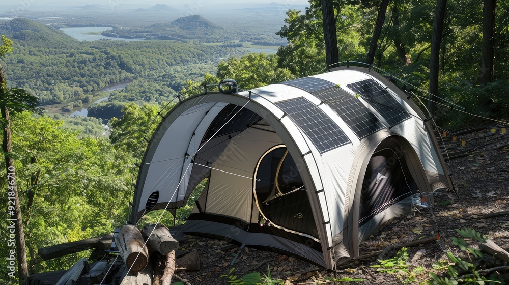 An all-weather, high-tech camping tent equipped with solar panels, set ...
